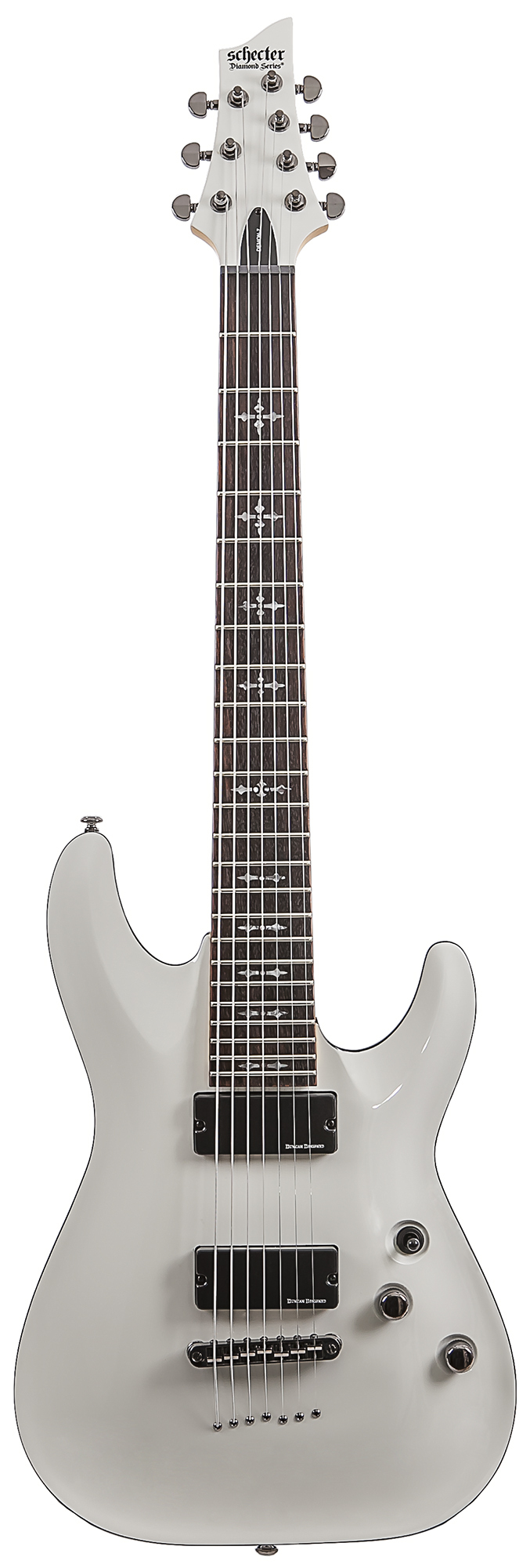SCHECTER DEMON-7 VWHT - 7-струнная электрогитара, 24 лада, корпус: липа, гриф: клён, накладка венге, на болтах, звукосниматели: HH Schecter Diamond Active HB-105S, регулировки: громкость, тон, 3х позиционный переключатель, Цвет: винтажный белый