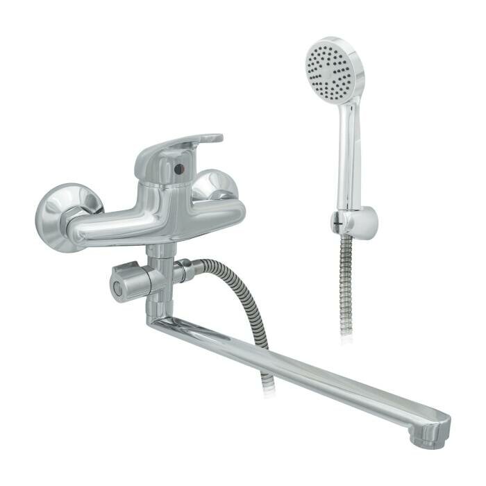 Смеситель для ванны с душем одноручный плоский излив, душевой шланг н/ж сталь, хромированная пластиковая лейка и кронштейн Стройка ЦС-СМ 300/1-4 D35 М-42 Центр Сантехники (Подольск) СТ300103