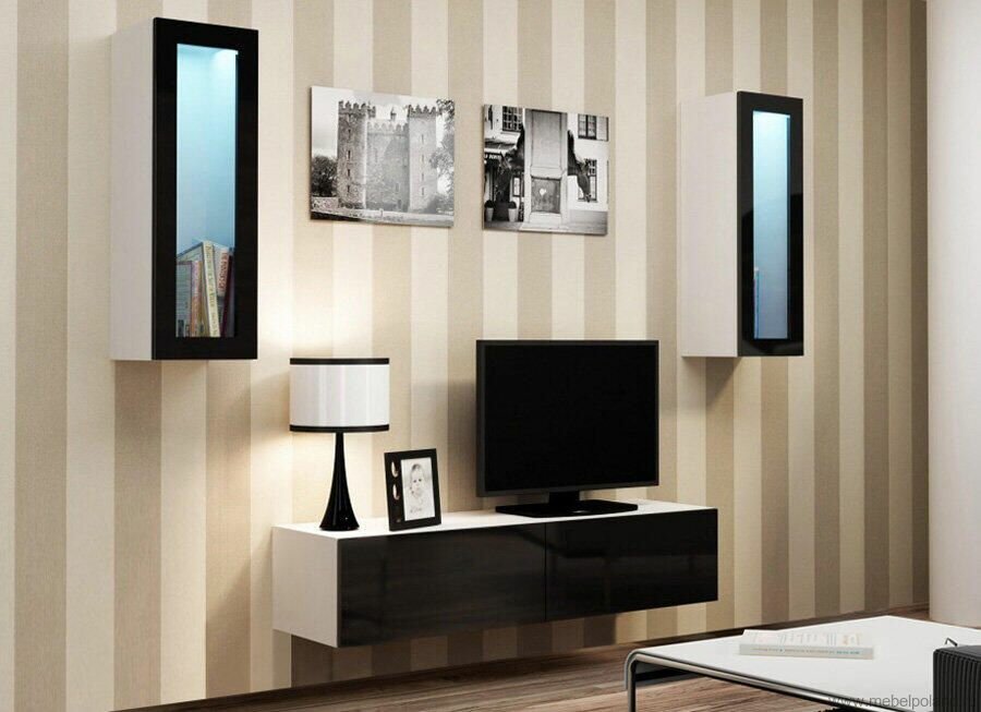 Стенка в гостиную "Виго 8" 210х200х42, белый / черный глянец