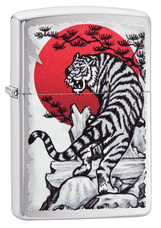 Оригинальная бензиновая зажигалка ZIPPO Asian Tiger с покрытием Brushed Chrome, латунь/сталь, серебристая, 38x13x57 мм, не заправленная