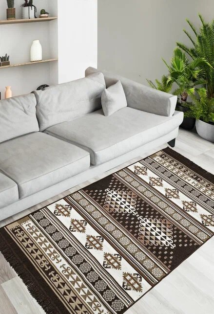 Ковер на пол на кухню в гостиную 120х180 см бежевый бохо безворсовой с бахромой 338113 KoverVDom