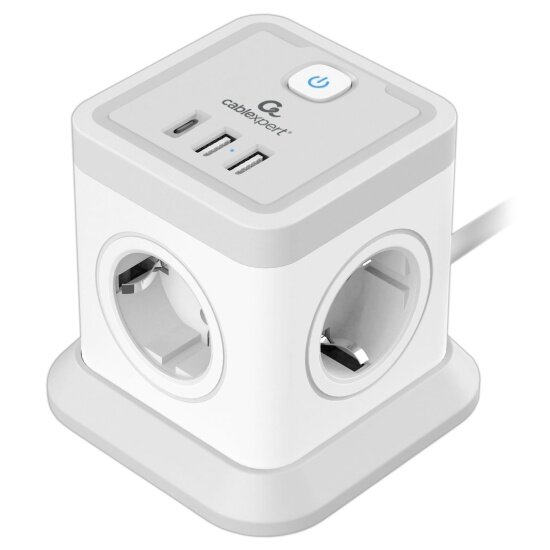 Сетевой фильтр Cablexpert Tower 4 розетки, 10А, 1xType-C PD, 20Вт, 2хUSB, 2м, белый, коробка (TWR-4-CU2-W-2)