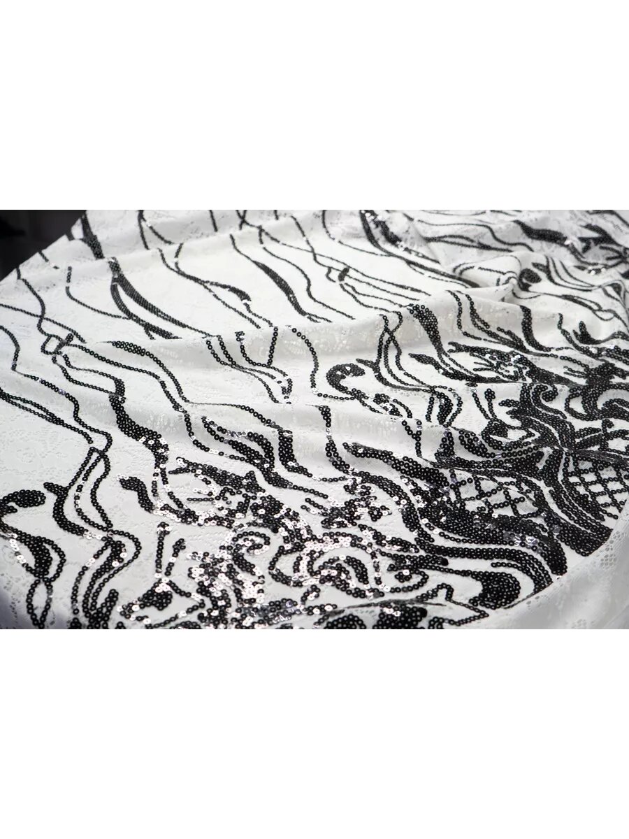 Ткань Кружево белое с черными пайетками