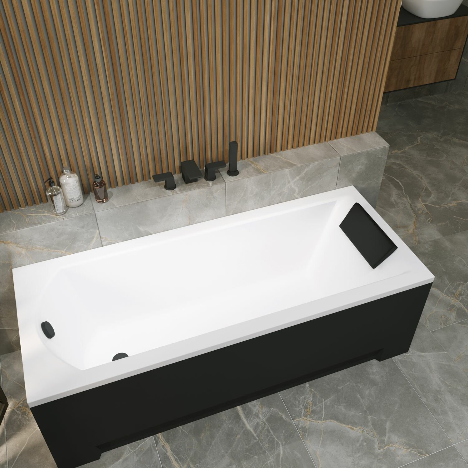 Ванна акриловая 150х70 Helmken Vespera комплект 5 в 1: прямоугольная ванна, ножки, черный подголовник, лицевой и торцевой экраны черного цвета