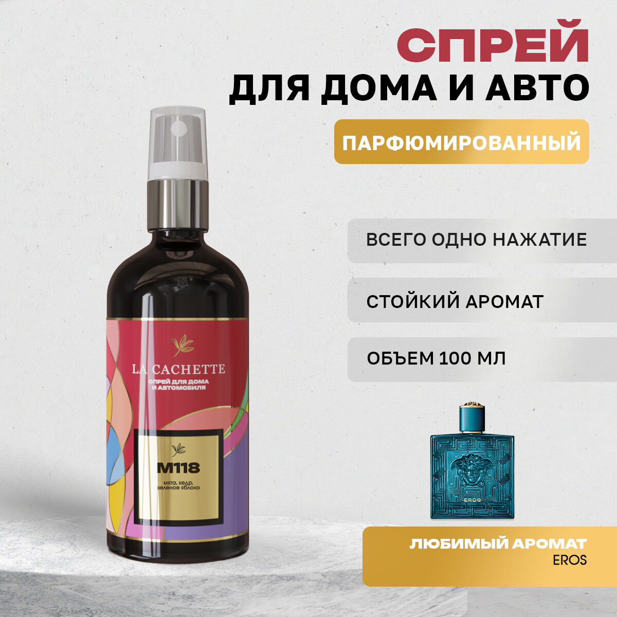 Парфюм для авто и дома La Cachette M118 Eros, 100 мл спрей (Мужской аромат)