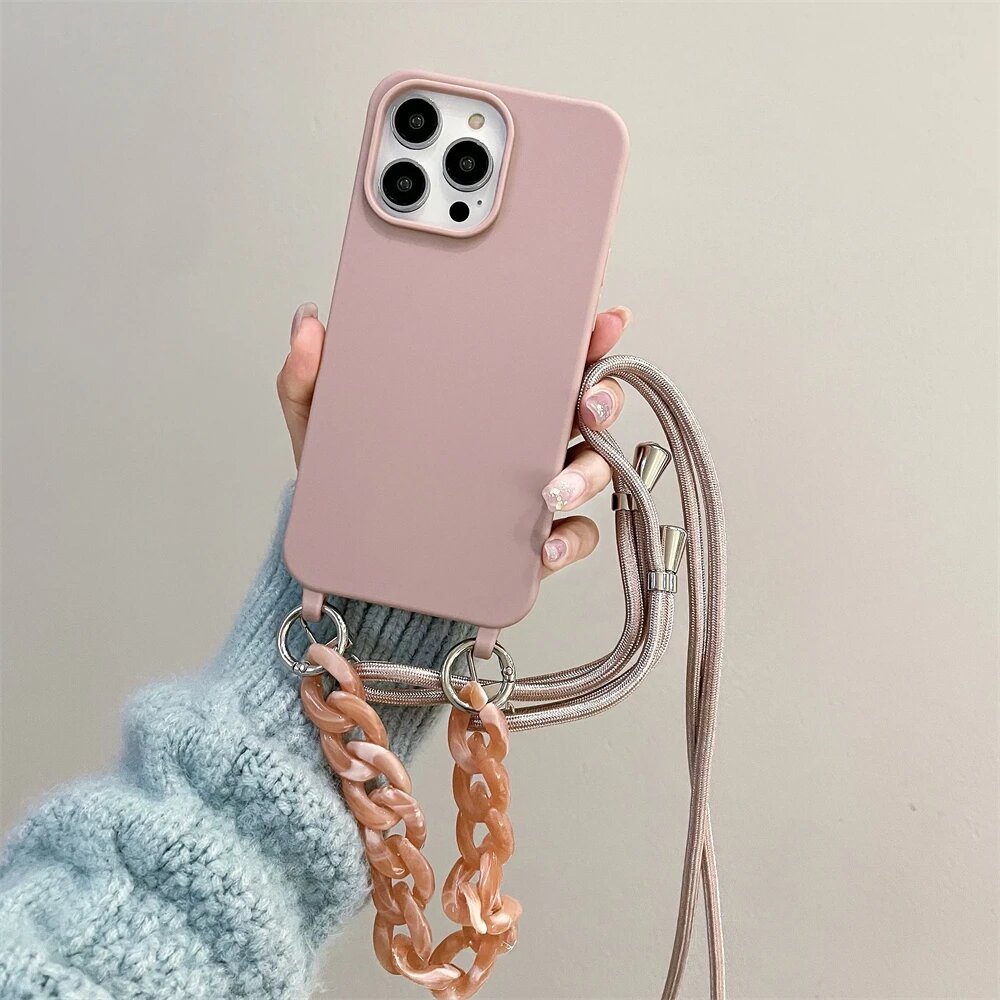 Чехол для телефона с ремешком через плечо для iPhone 17, 16, 15, 14, 13, 12, 11 Pro XR Max Plus, мягкий силиконовый чехол с акриловой цепочкой