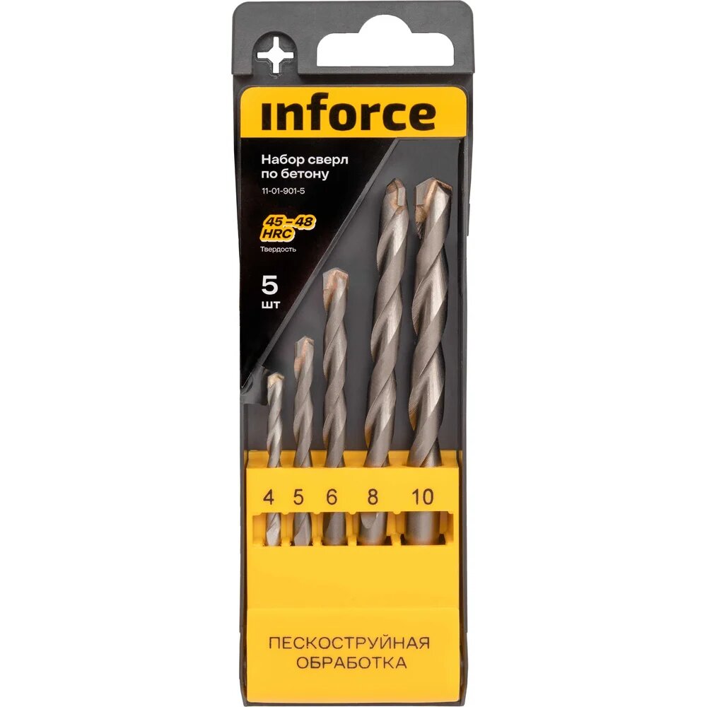 Набор сверл по бетону 5 шт: 4; 5; 6; 8; 10 мм Inforce 11-01-901-5, пластиковая