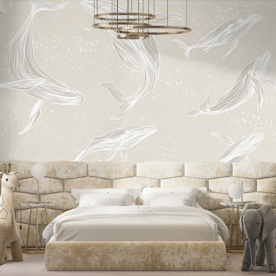 Фотообои Киты светлые на бежевом 14-1251-S-Флок 270 x 200 см (ВхШ) Бесшовные, флизелиновые, влагостойкие обои