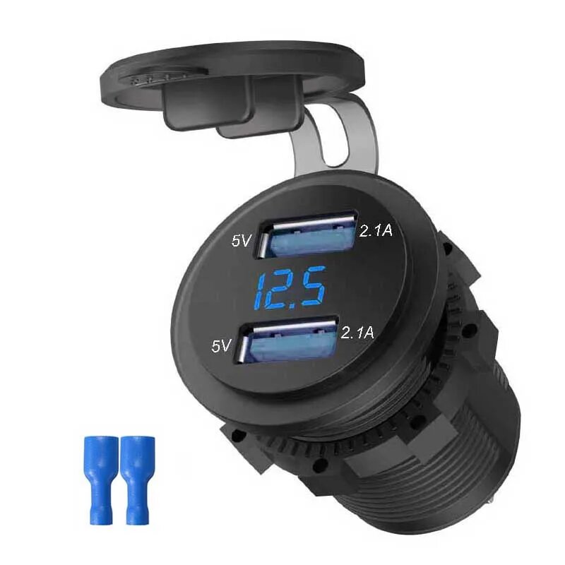Зарядное устройство USB 2 шт. с вольтметром 12.5V, Blue no wire