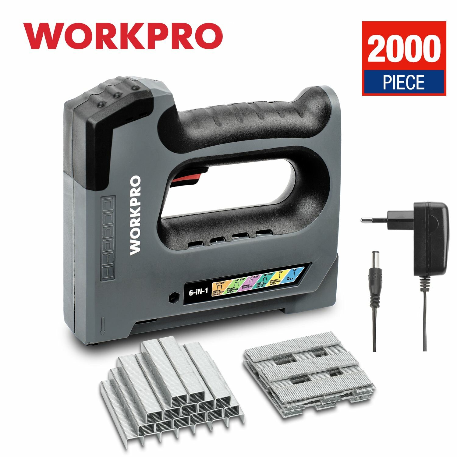 Строительный степлер WORKPRO, 6в1, гвозди 2000шт, 3.6В, беспроводной, сверхмощный