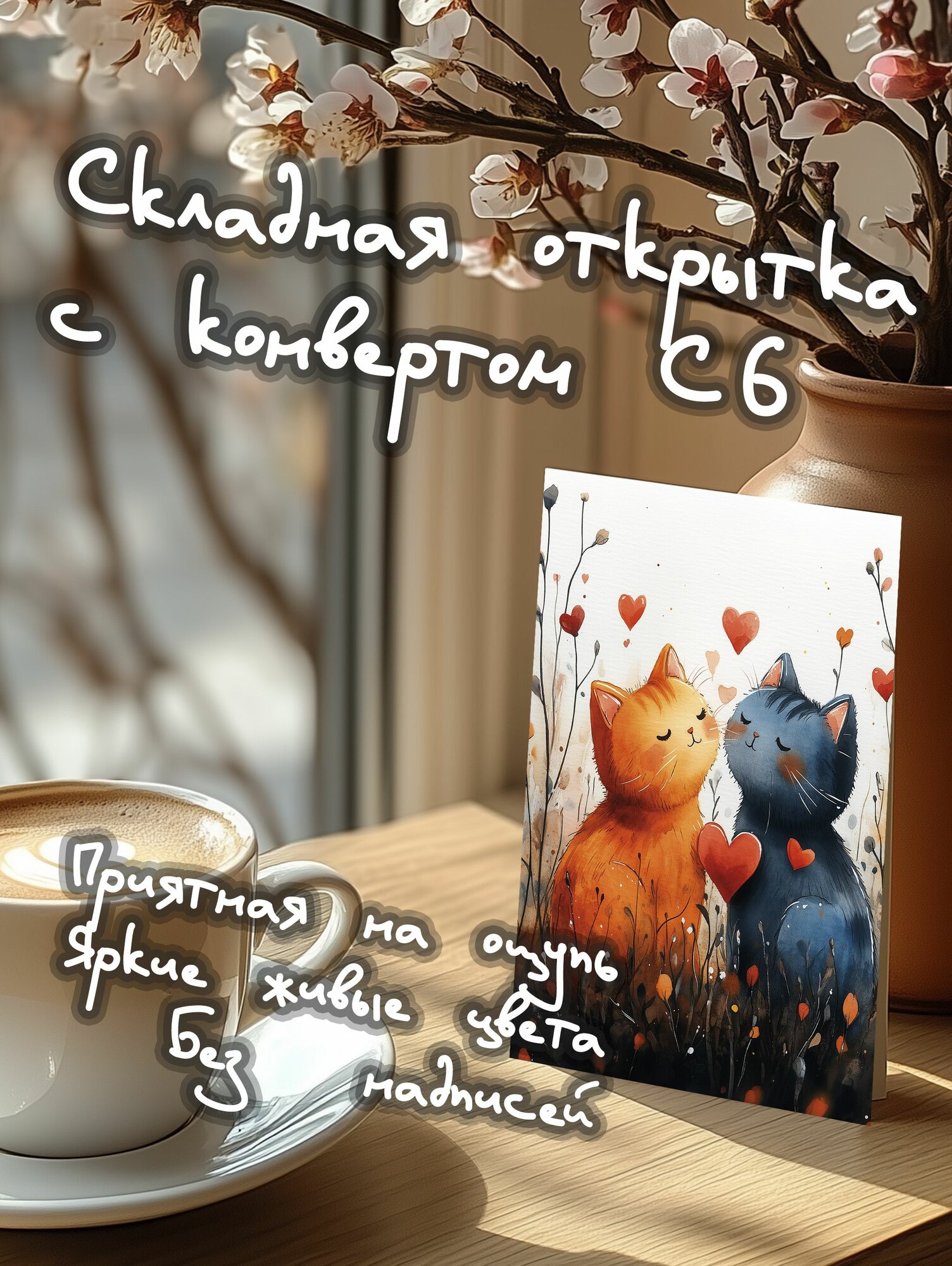 Открытка-валентинка "Любовь котиков 2" (подарочная, с конвертом) - Для любимых подруг, на 8 марта и 14 февраля