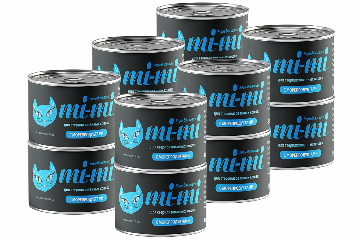 Влажный корм Mi-Mi для взрослых кастрированных котов и стерилизованных кошек с морепродуктами в соусе, 80 гр х 12 шт