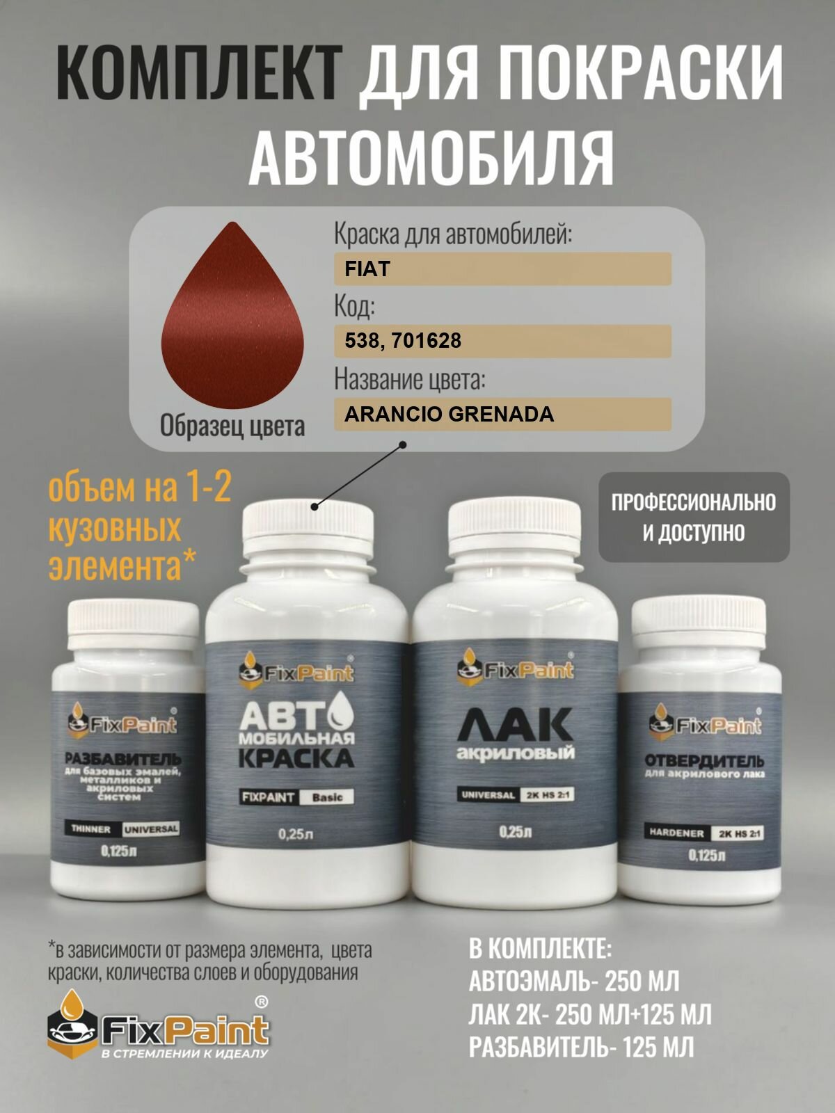Комплект для покраски FIAT, код 538, 701628, ARANCIO GRENADA, базовая автомобильная эмаль 250 мл, лак 2K 250 мл с отвердителем, разбавитель 125 мл, FixPaint Pro