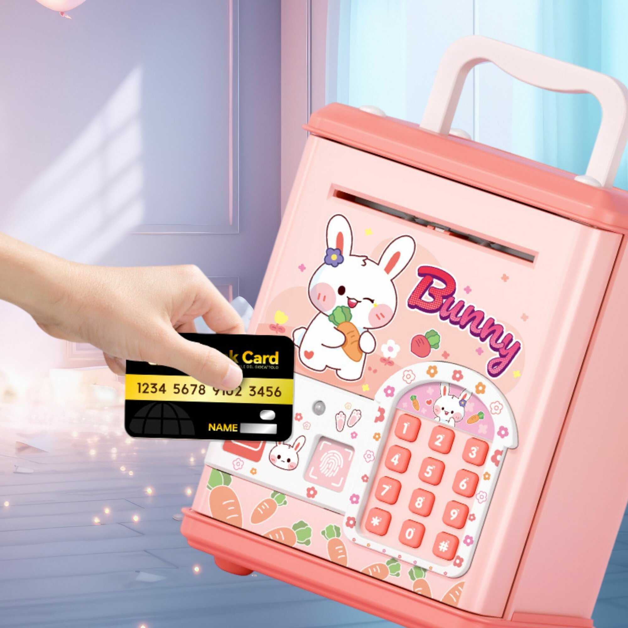 Интерактивная копилка-сейф "Зайчик", пластик, для девочек, розовая, белая, оранжевая