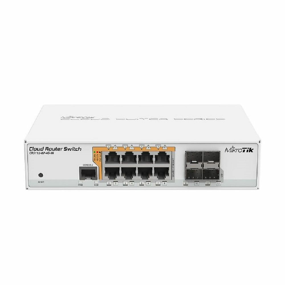 Коммутатор MikroTik CRS112-8P-4S-IN гигабитный управляемый, 8xRJ45+PoE 1Гбит/с, 4xSFP, 1xConsol, RouterOS L5