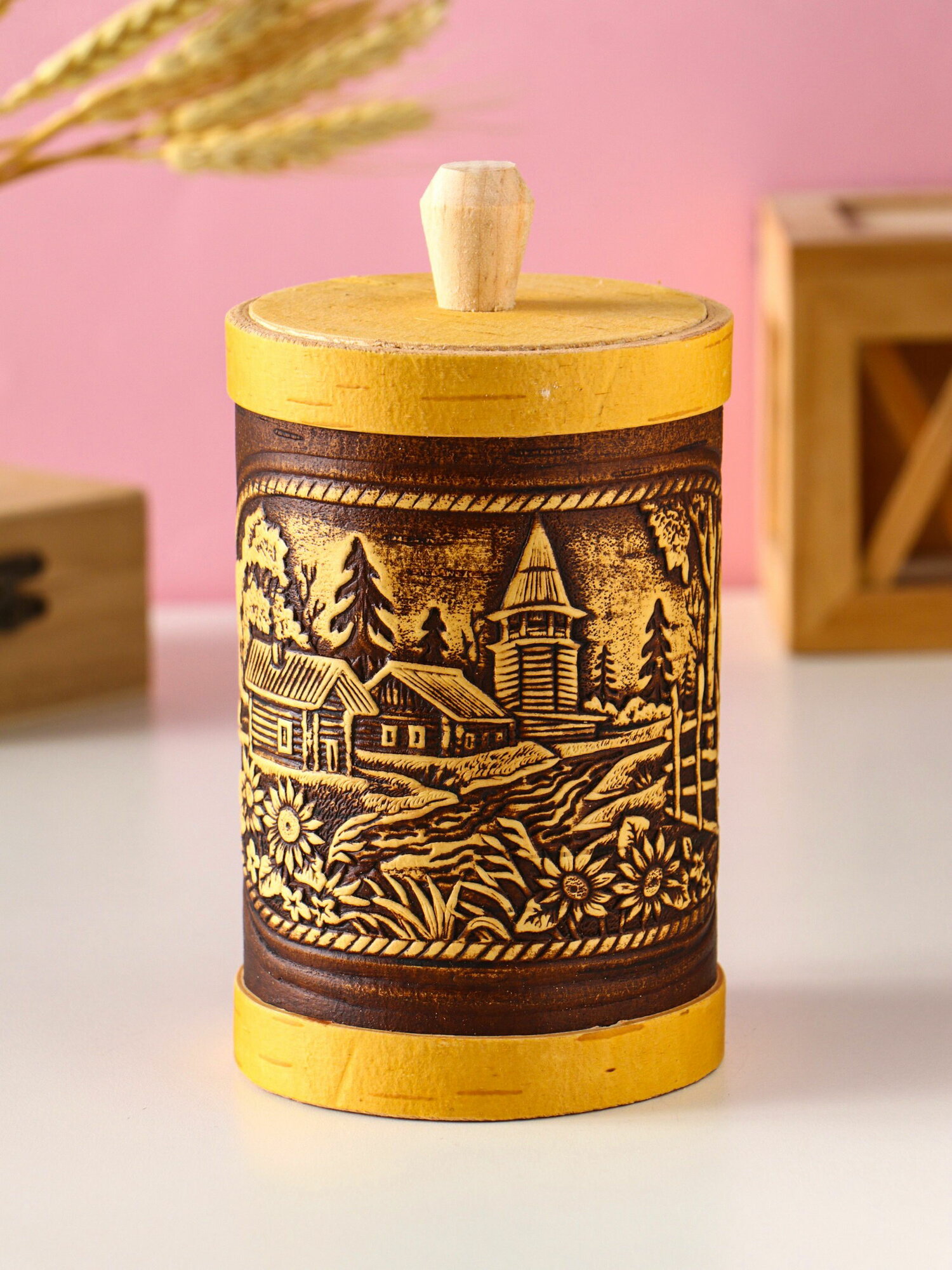 Туес "Деревенька", банка для хранения, береста, цвет: бежевый