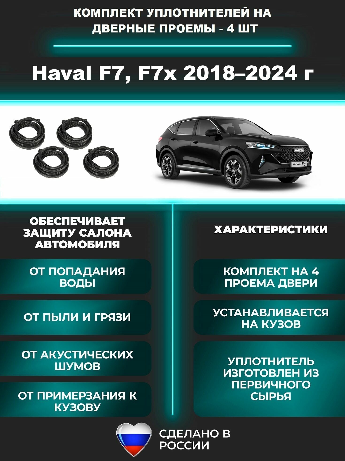 Комплект уплотнителей проемов дверей для Haval F7, F7x 2018-2024 г, Хавэйл Хавал Ф7, Ф7х(на 4 дверных проема - 2 передних и 2 задних)