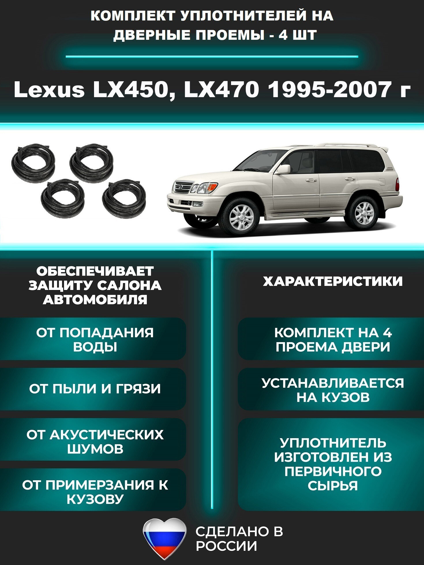 Комплект уплотнителей на проем дверей для Lexus LX450, LX470 1995-2007 г, Лексус ЛХ 450, ЛХ 470, 4 шт