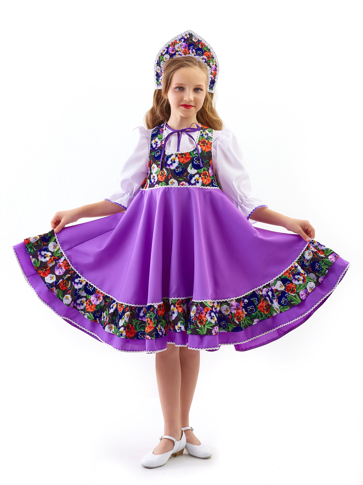 Костюм русский народный сарафан плясовой Анютка фиолетовый детский, 146-152