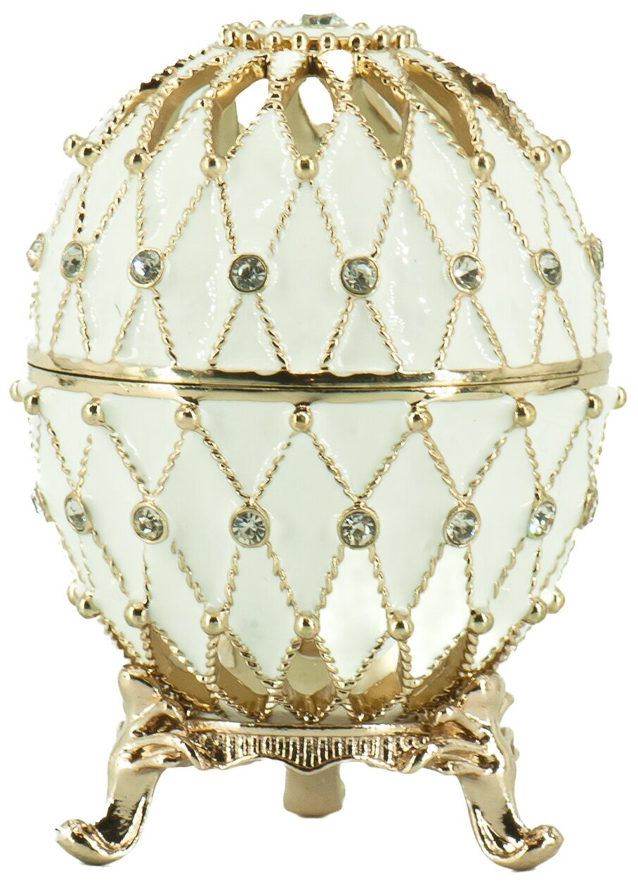Шкатулка Яйцо в стиле Фаберже узор "Сетка" 7,5 см Белая / Золотистая