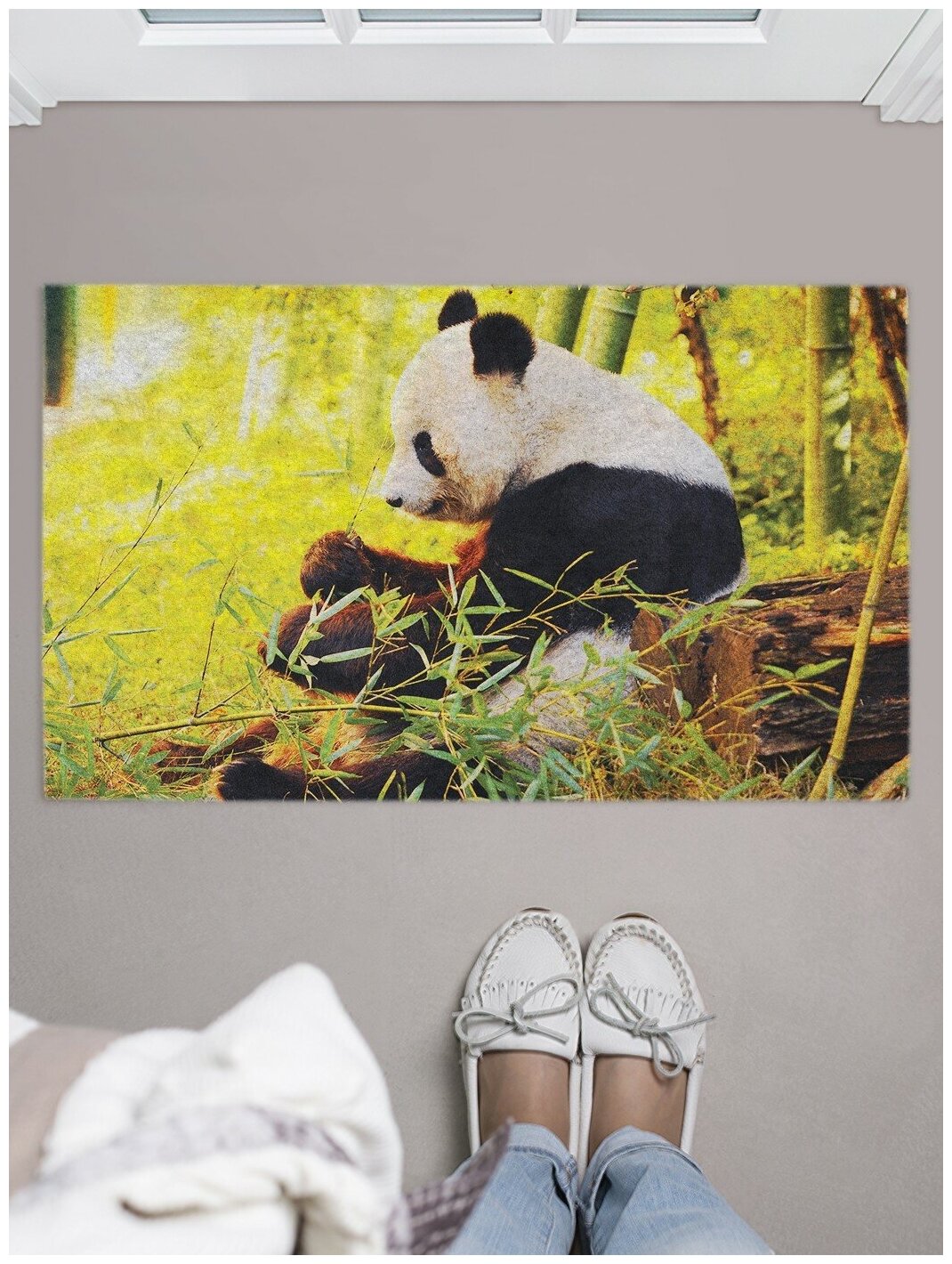 Коврик придверный в прихожую с принтом "Панда задумалась" 45x75 см , JoyArty