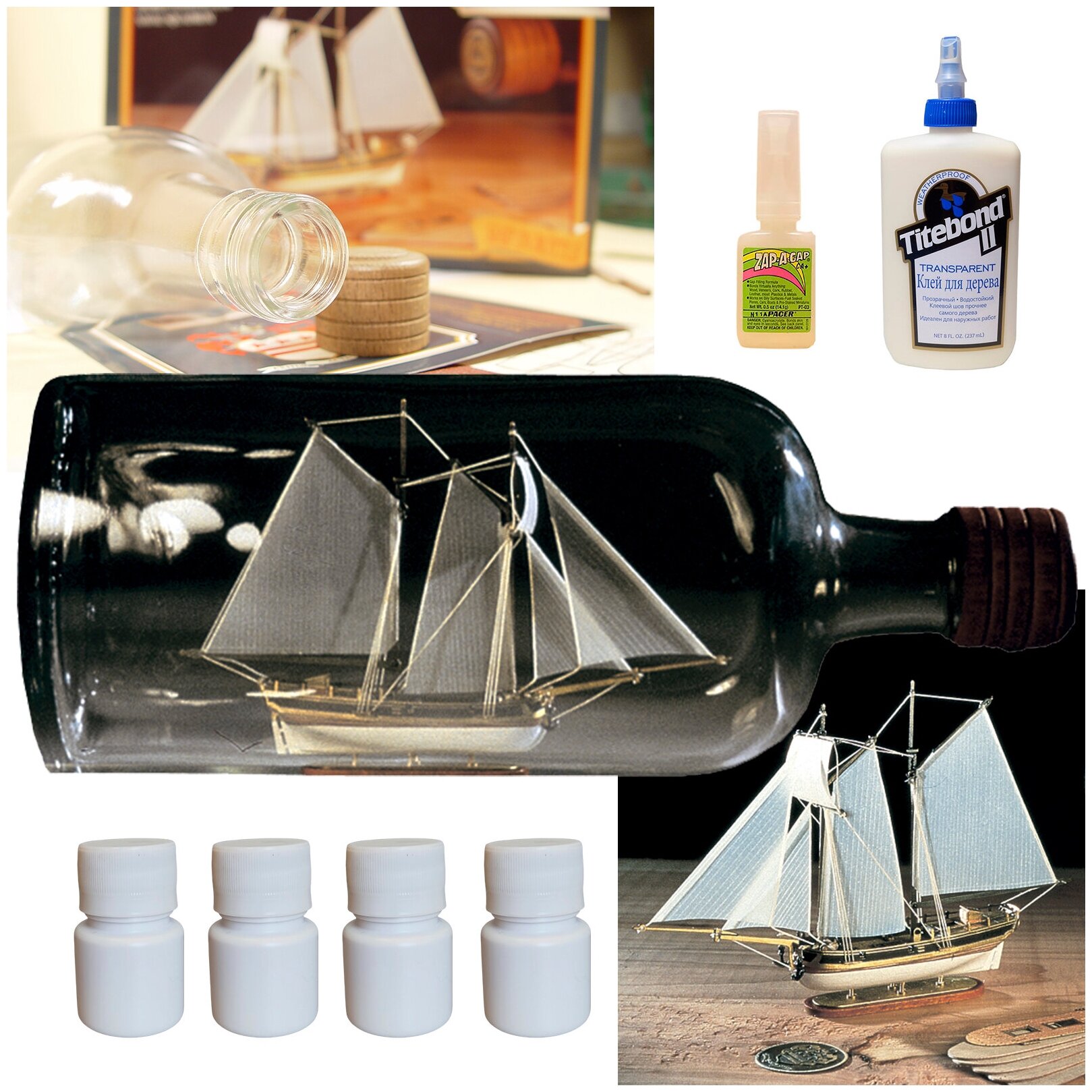 Модель парусного корабля Amati Шхуна Hannah в бутылке, 80 часов, М1:300, подарочный набор, инструмент, краски, лак, клея