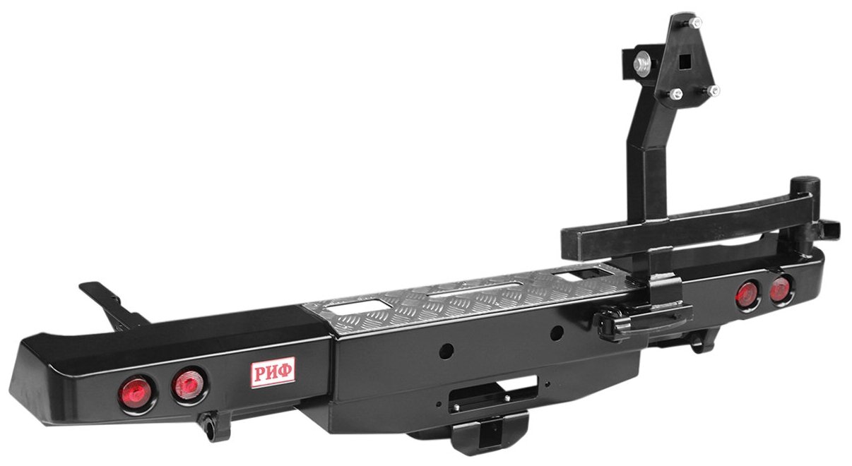 Бампер РИФ силовой задний Toyota Hilux 2005-2014 с площадкой под лебёдку, квадратом под фаркоп, калиткой, фонарями, комплектом для подсветки номера