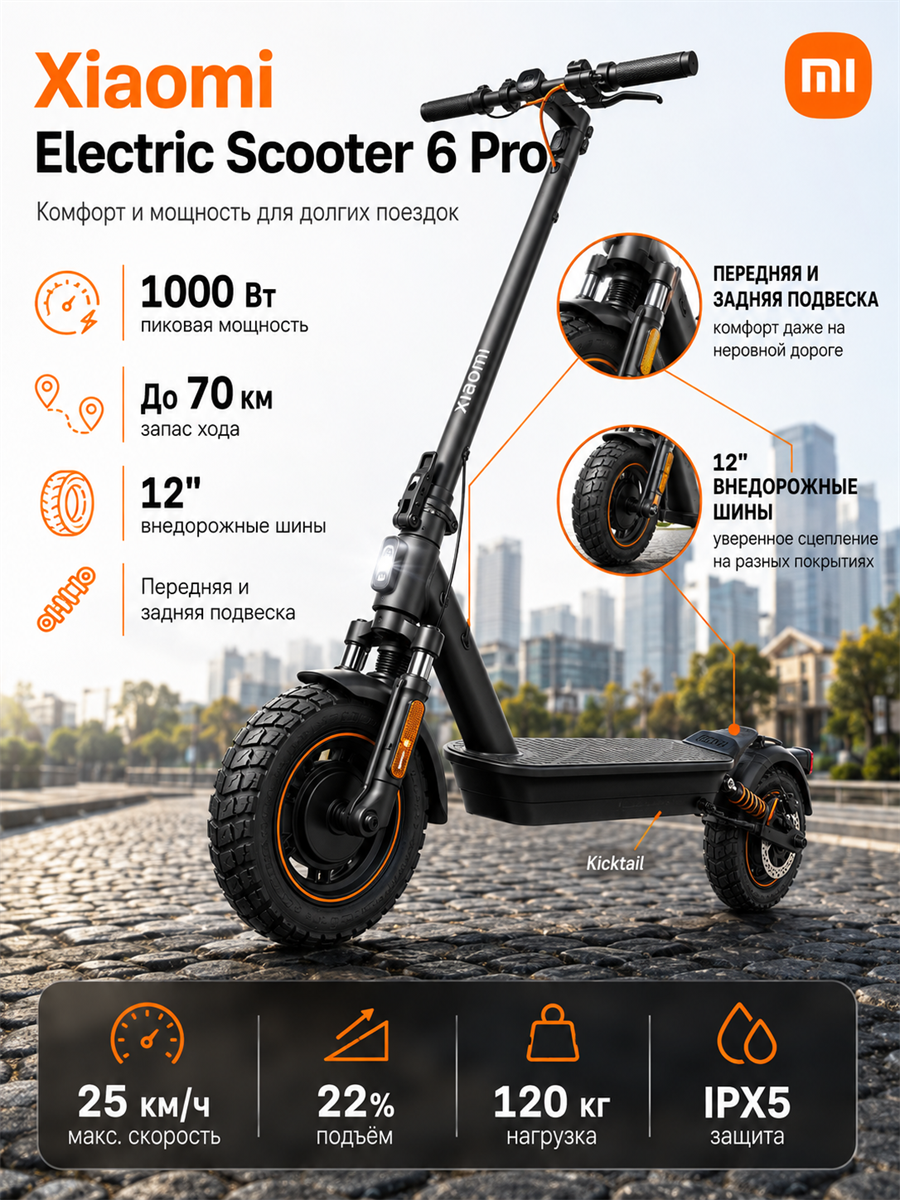 Электросамокат Xiaomi Electric Scooter 6 Pro, 1000 Вт, до 70 км, 12″, передняя и задняя подвеска