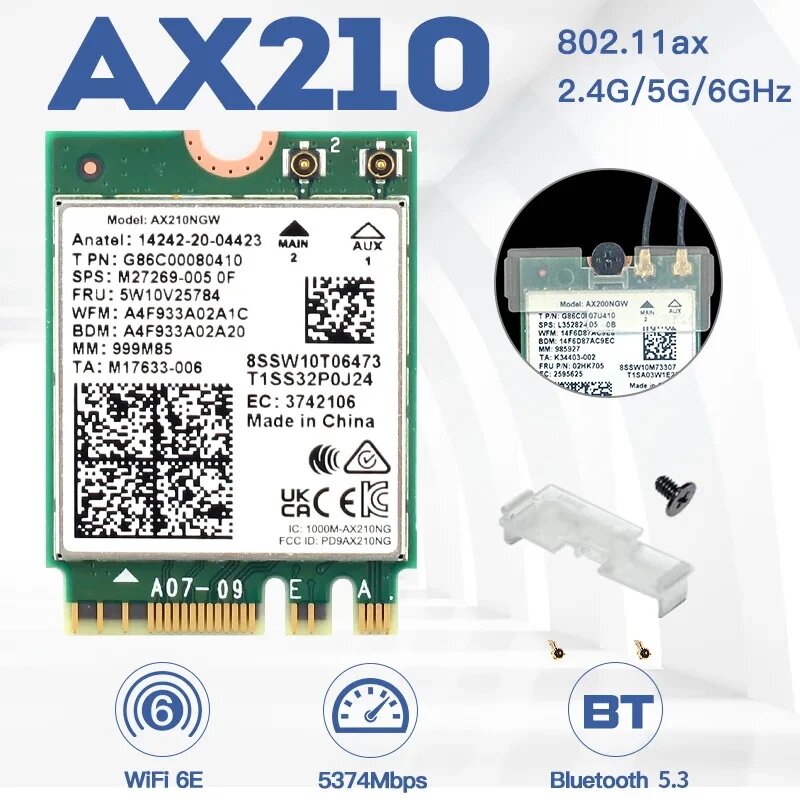 Wi-Fi 6 карта AX210NGW, 2.4G/5G/6GHz, Bluetooth 5.3