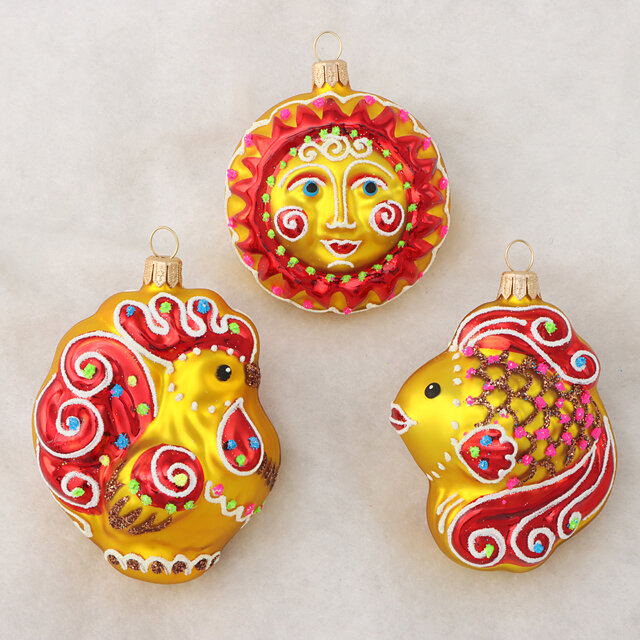 Набор стеклянных елочных игрушек Солнечное Настроение 7-9 см, 3 шт, подвеска, Фабрика Елочка, С2306