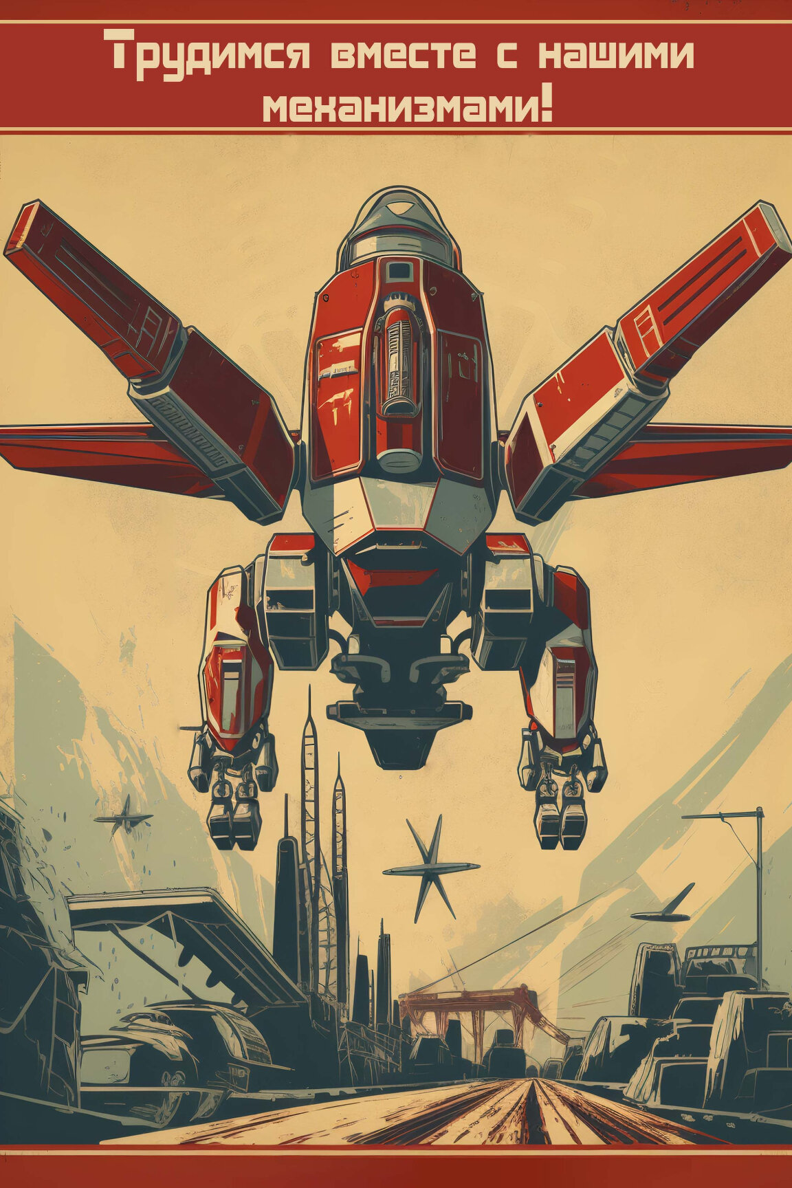 Постер / Плакат / Картина Трудимся вместе с нашими механизмами 60х90 см в подарочном тубусе