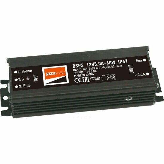 Блок питания для светодиодной ленты Jazzway 60Вт 5А 12В IP67 BSPS влагозащ. метал. 3329273A