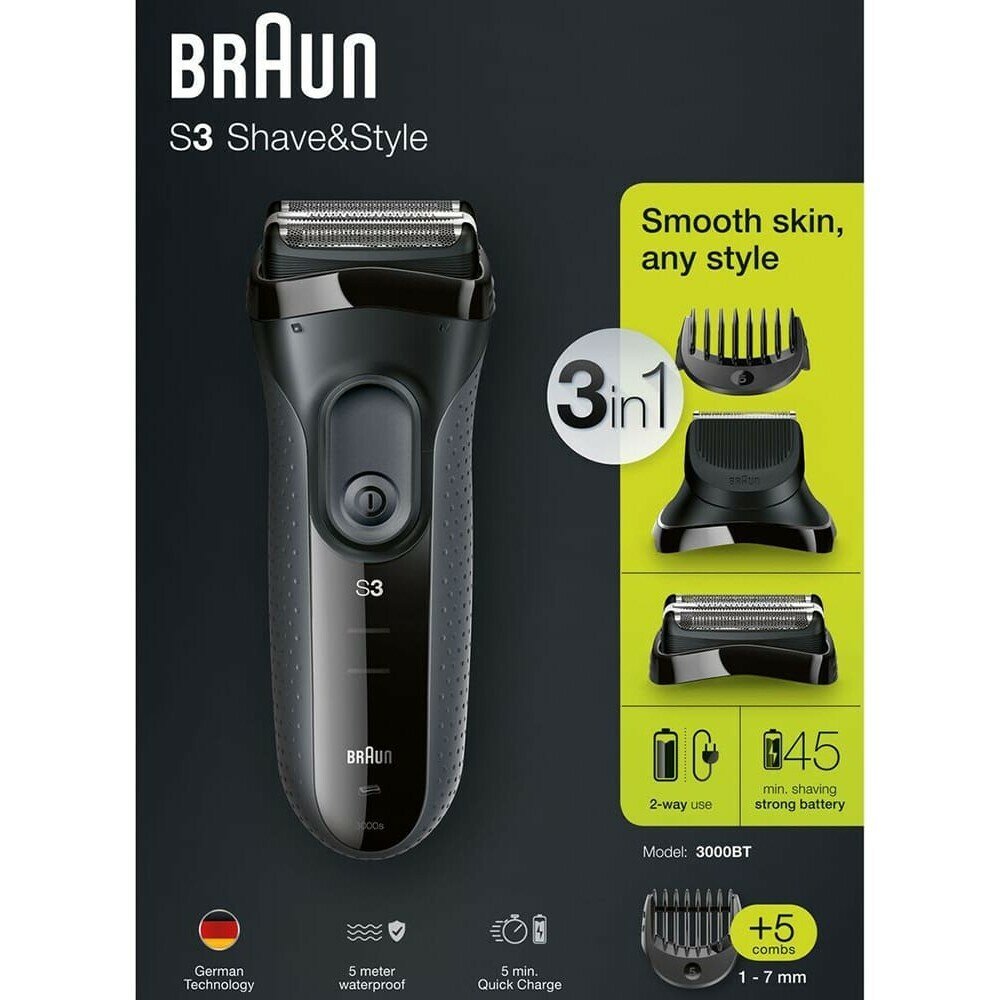 Электробритва мужская Braun Series 3 Shave&Style 3000BT + насадка-триммер и 5 гребней, черный