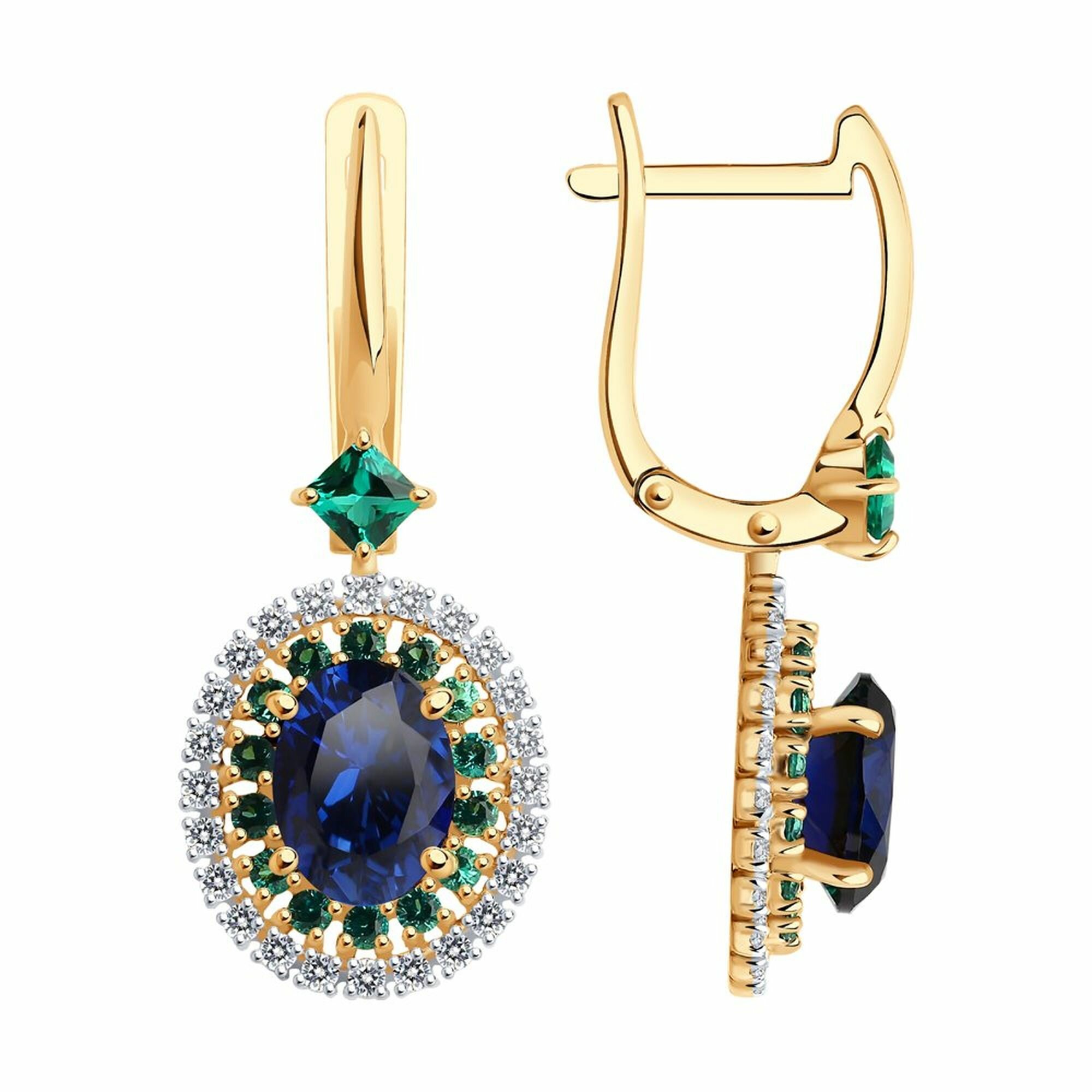 Серьги, красное золото, 585 проба, фианит, корунд, изумруд синтетический