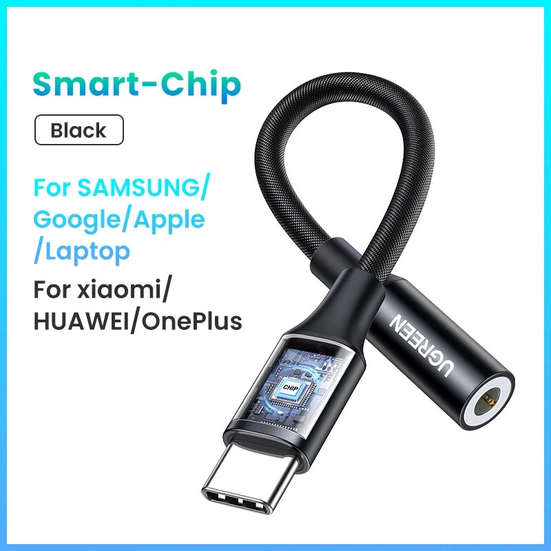 Переходник UGREEN для наушников с USB Type C на 3,5 мм, ЦАП, USB C на 3,5 Aux, кабель для ПК, Macbook Pro, Samsung Galaxy, Google Pixel Black Smart-Chip