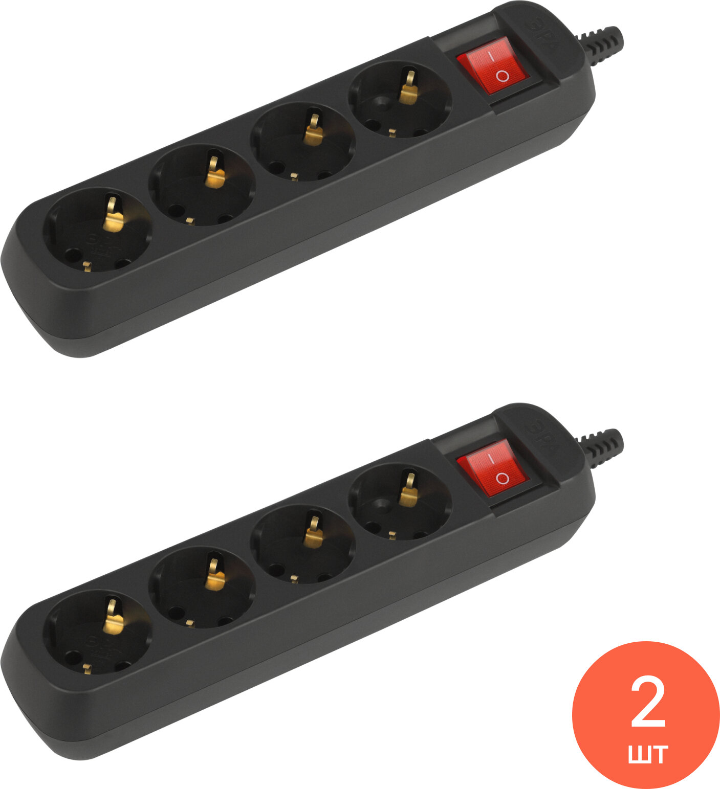 Блок розеток ЭРА KX-4es-B 4 гнезда 16А 3500Вт IP20 с заземляющими контактами и выключателем, черный Б0061734 / колодка электрическая для удлинителя (комплект из 2 шт)