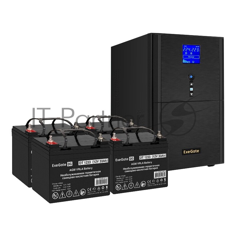 Комплект ИБП EX295991RUS + батарея 33Aч EX282974RUS 4шт (инвертор, синус, для котла) ExeGate SineTower SZ-5000. LCD. AVR.2SH.1C13. T. RJ. <5000VA/4000W, чистый синусоида, LCD дисплей, AVR, 2*Schuko+1*C13+клеммы, RJ45/11, USB, линейно-интерактивный, Bl