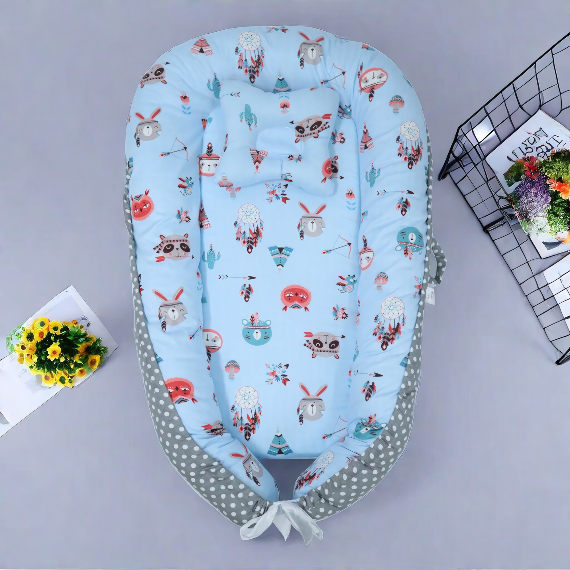 Кокон-гнездышко для новорожденных 85х50 см, цвет серый/голубой, индейцы