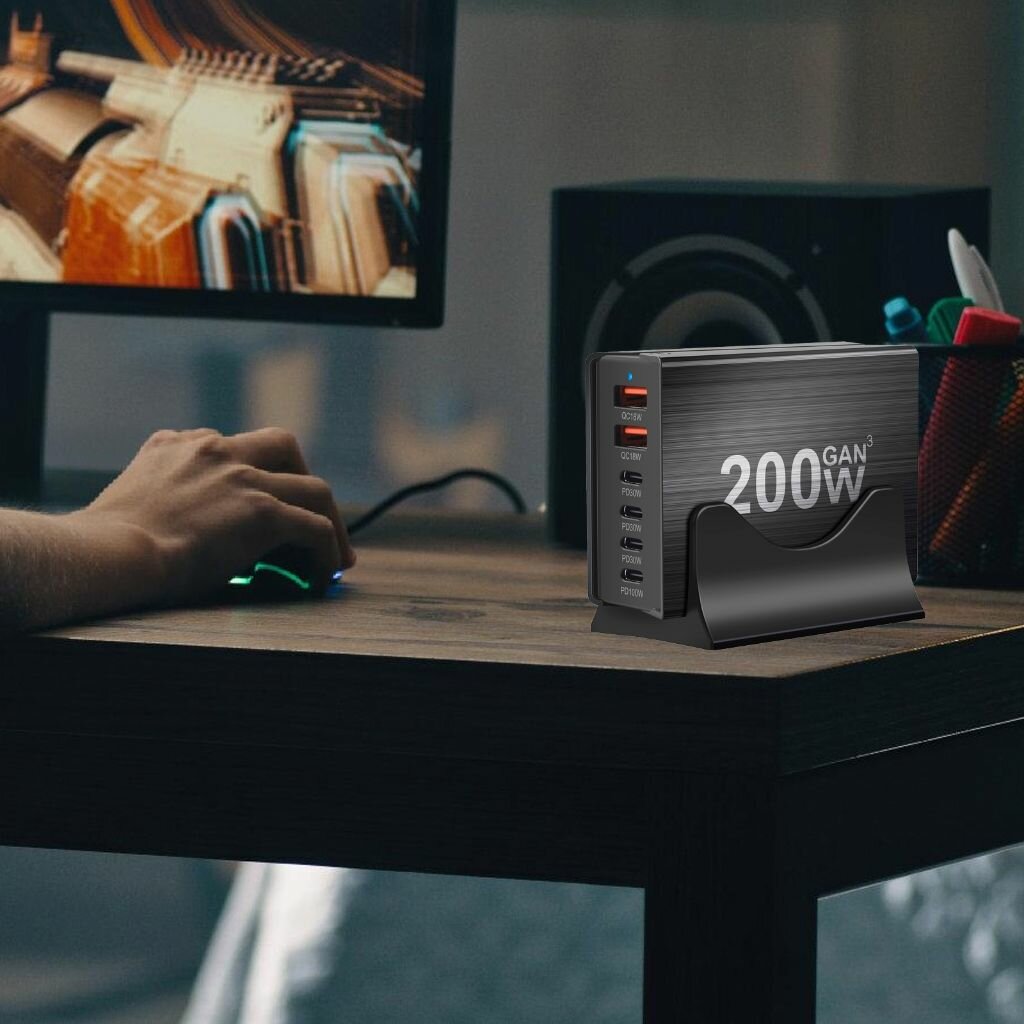 Зарядное устройство на основе нитрида галлия мощностью 200 Вт 2USB + 4 типа CPD-Американский стандарт