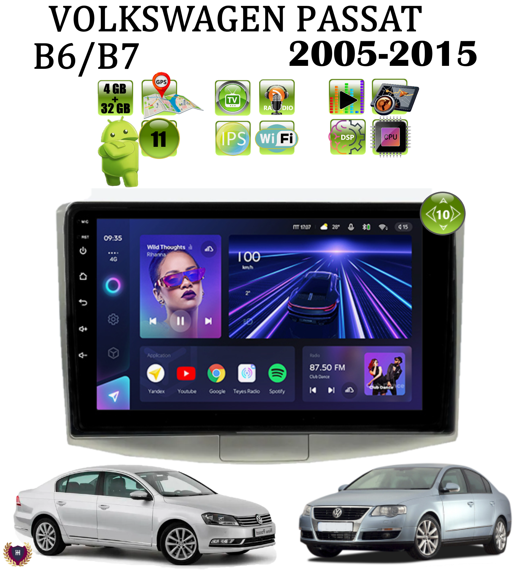 Автомагнитола для Volkswagen Passat B6/B7 (2005-2015) , Android 11, 4/32 GB, CarPlay, Bluetooth, WiFi, GPS, IPS, сенсорные кнопки, поддержка кнопок на руле