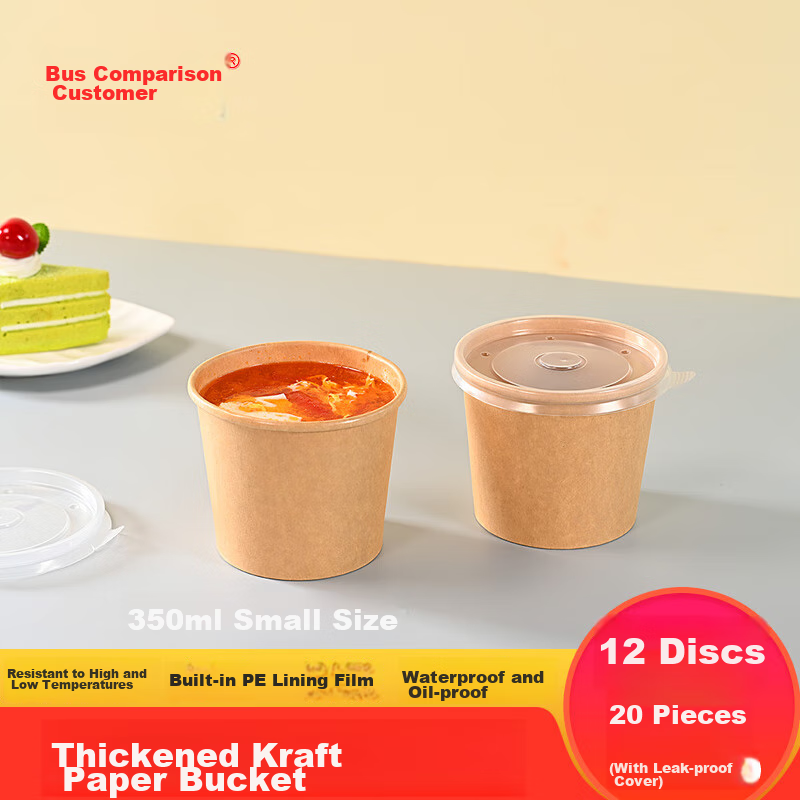 Babike Disposable Kraft Paper Soup Cups, Biodegradable Eco-Friendly, for Packing Tangyuan, Dessert Takeout Boxes, 350ml, 20 Pieces