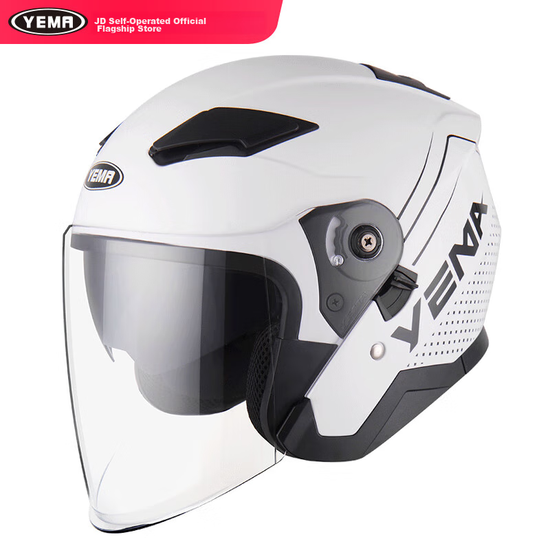 YEMA 3c Certified 639S Electric Scooter Helmet for Men And Women, Winter Dual-Lens Safety Helmet, Electric Bike Half Helmet, All-Season Universal Size, White with Striped Pattern And Clear Visor