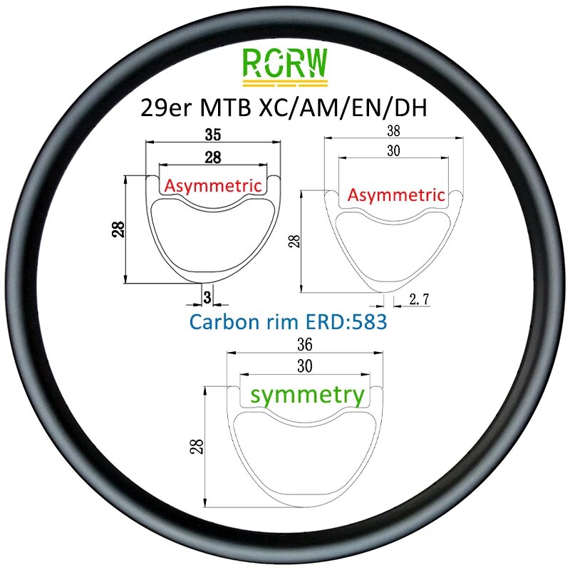 RCRW Карбоновые колеса 29 38mm(Asymmetric), 28mm Deep (Tapeless), XC Weight Rim, Glossy, 28Hole UD