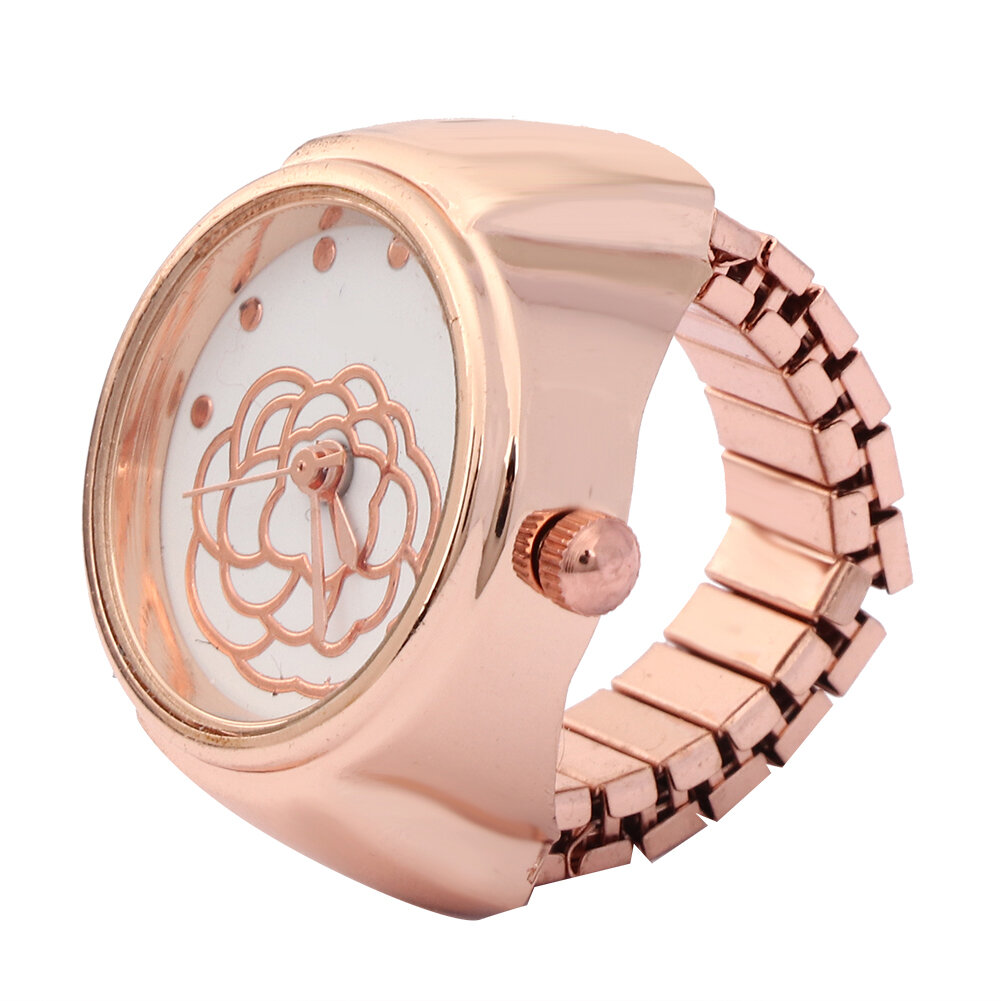 Finger Ring Watch Round Dial Rose Flower Pattern Women Quartz WatchRose Gold