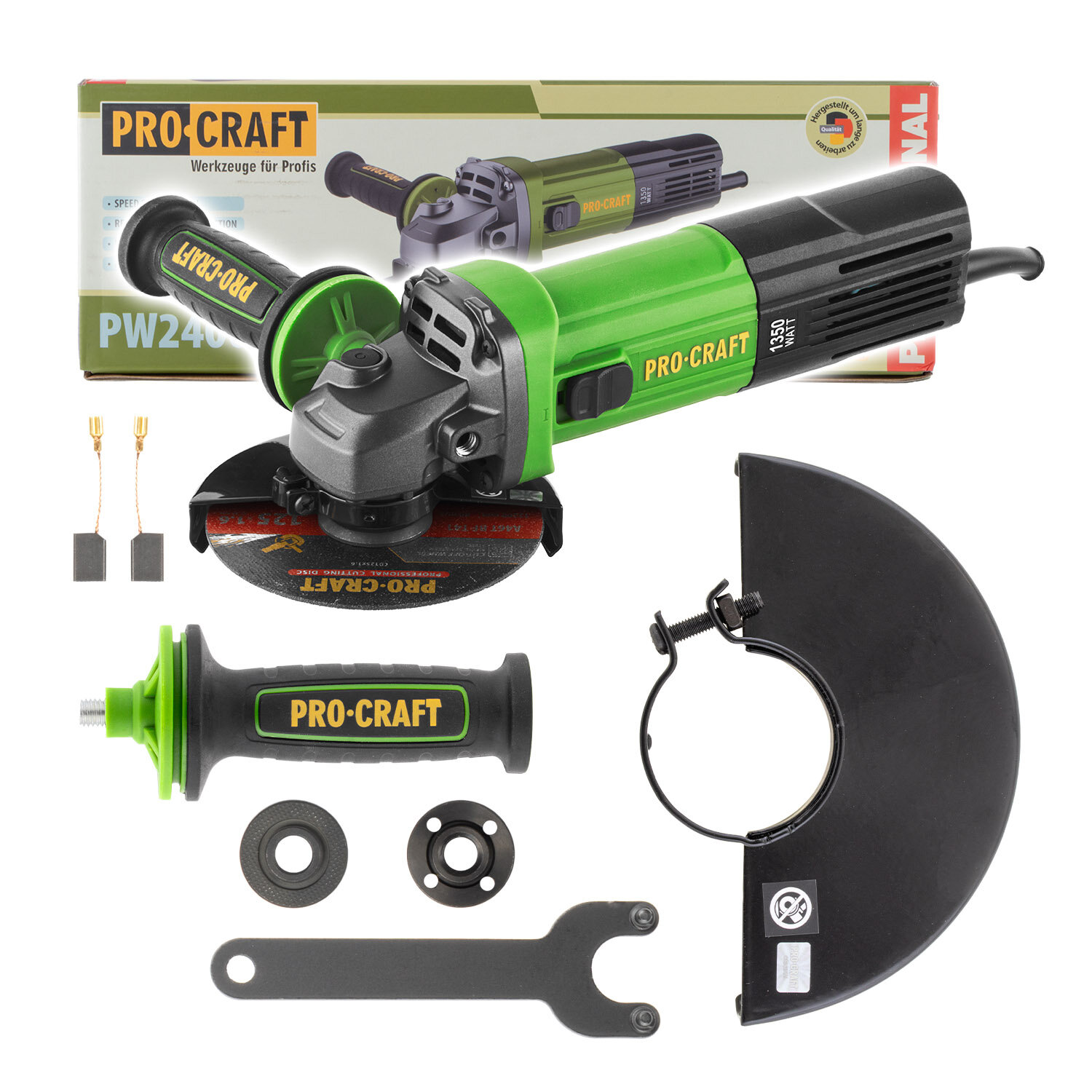 УШМ Pro-Craft PW2400ES, щеточный двигатель, 1350Вт, 4500 об/мин, диаметр диска 125 мм