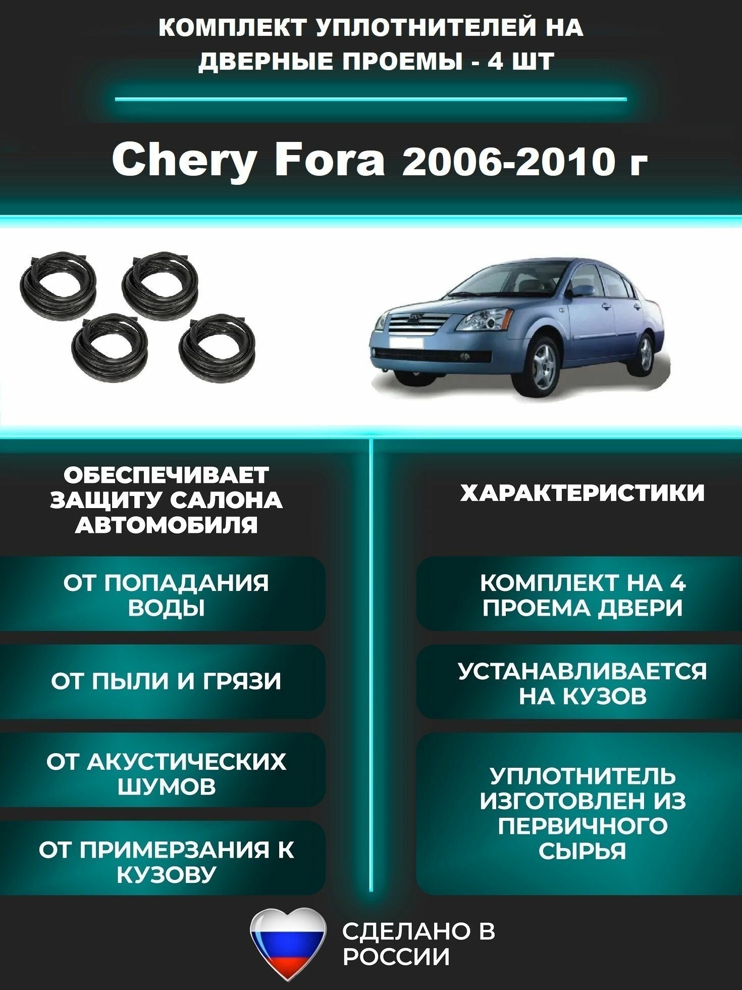 Комплект уплотнителей на проем дверей для Chery Fora 2006-2010 г, Чери Фора (на 4 проема - 2 передние и 2 задние)