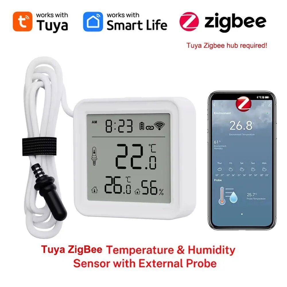 Умный ZigBee датчик температуры и влажности с внешним зондом и дисплеем