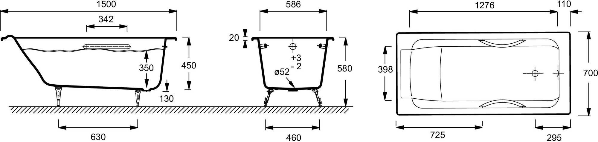Чугунная ванна Jacob Delafon Parallel 150х70 с отв. для ручек