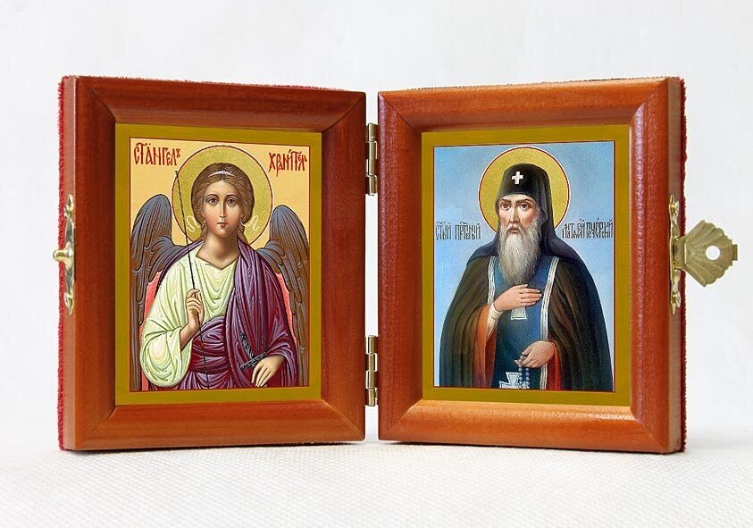 Складень именной "Преподобный Матфей Печерский, Прозорливый - Ангел Хранитель", из двух икон 8*9,5 см