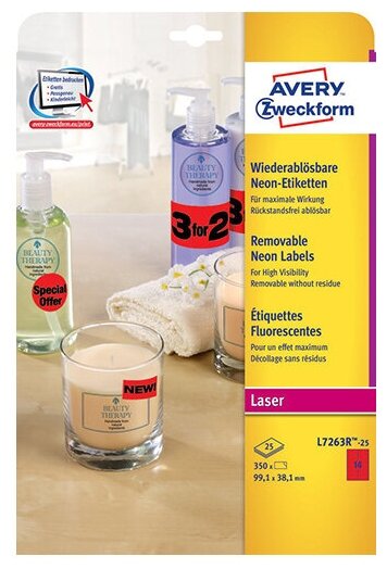 Этикетки Avery Zweckform, 99.1x38.1 мм, неоновые красные {L7263R-25} (14 шт на листе A4, 25 листов)